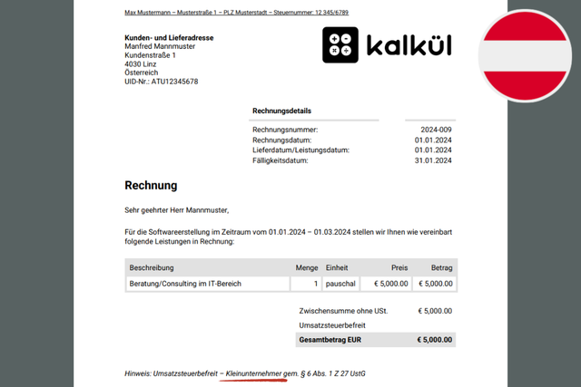 Vorlage: Kleinunternehmer Rechnung ohne Umsatzsteuer Österreich